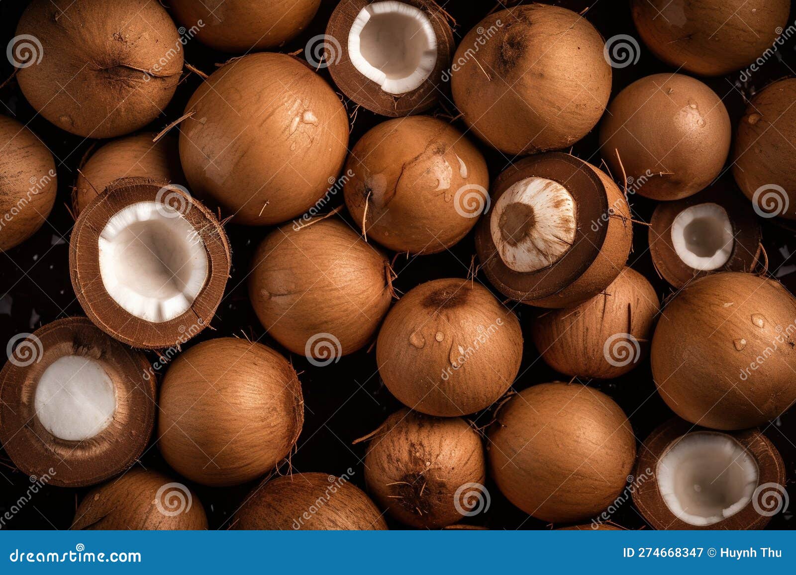 Group of Many Coconuts with Seamless Background, Waterdrops, Close of ...