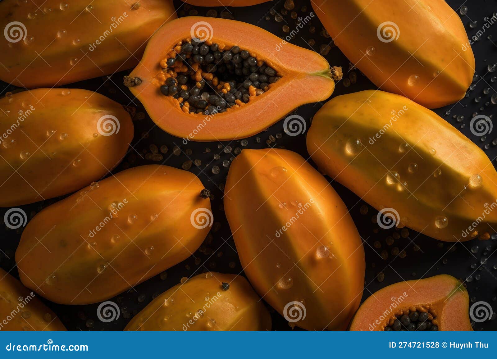 Group of Many Papaya with Seamless Background, Waterdrops, Close of ...