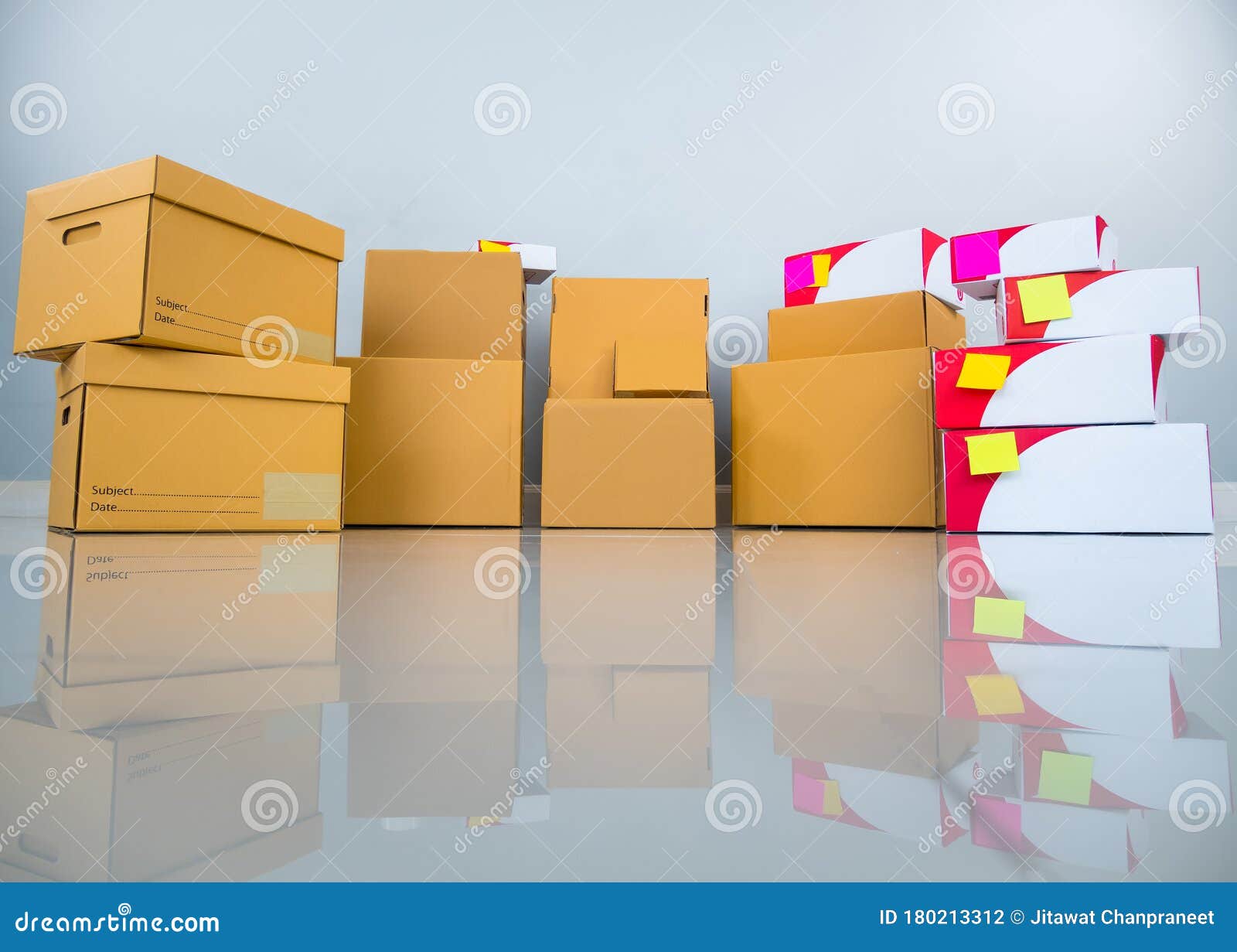 Group of Many Parcel Package on the Floor with Reflection Stock Photo ...