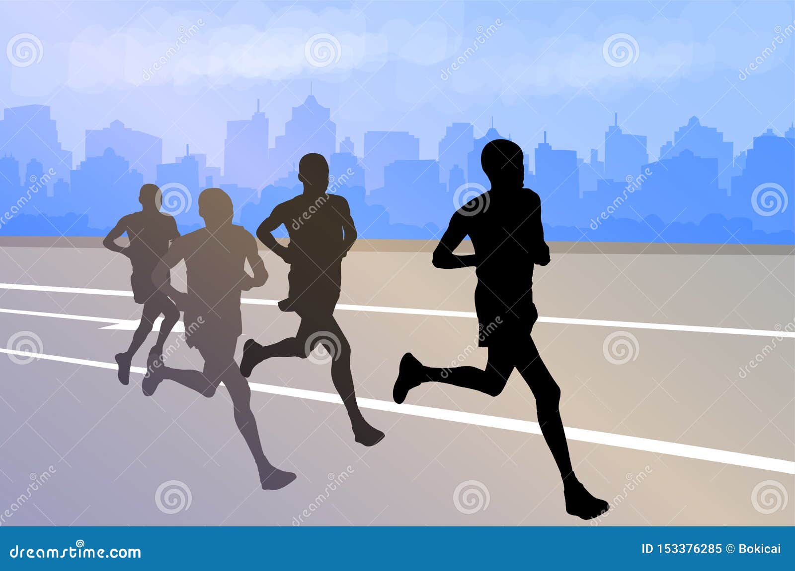 Group of Marathon Runners Silhouettes on Abstract City Background Stock ...