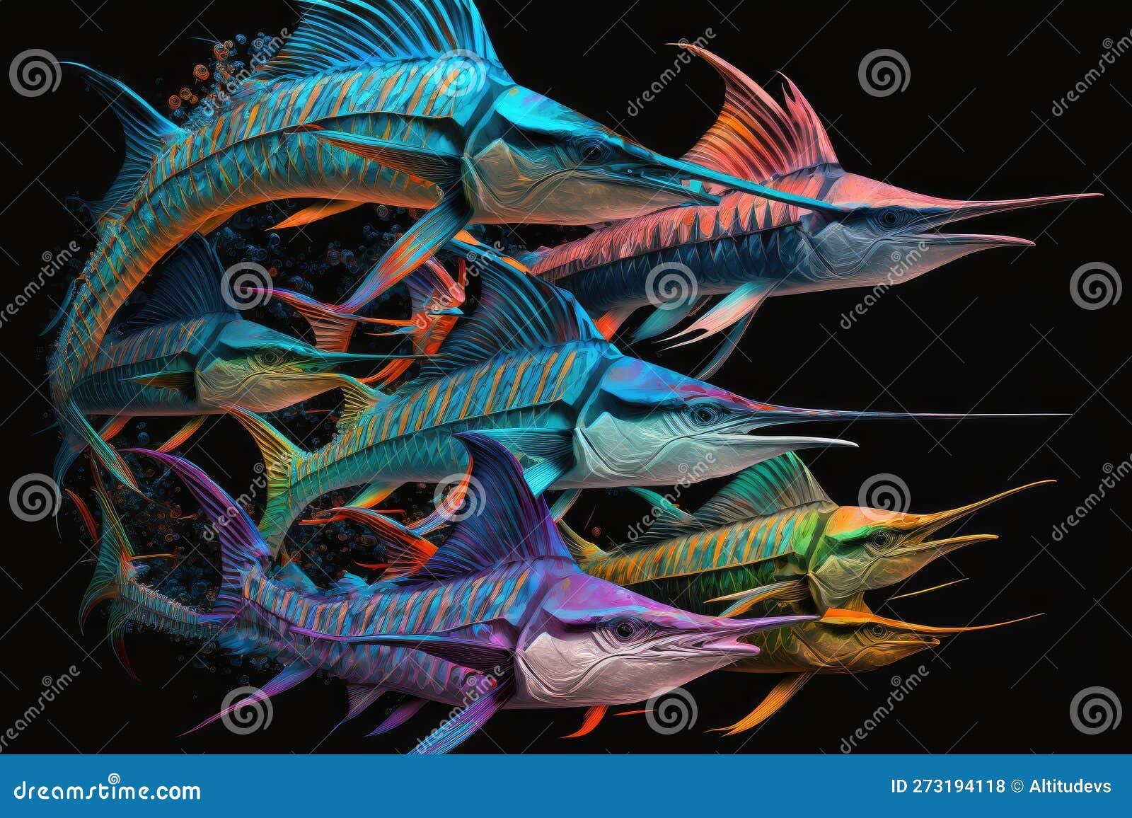Group of Marlin Jumping in Unison, Each Fish Displaying Its Unique ...