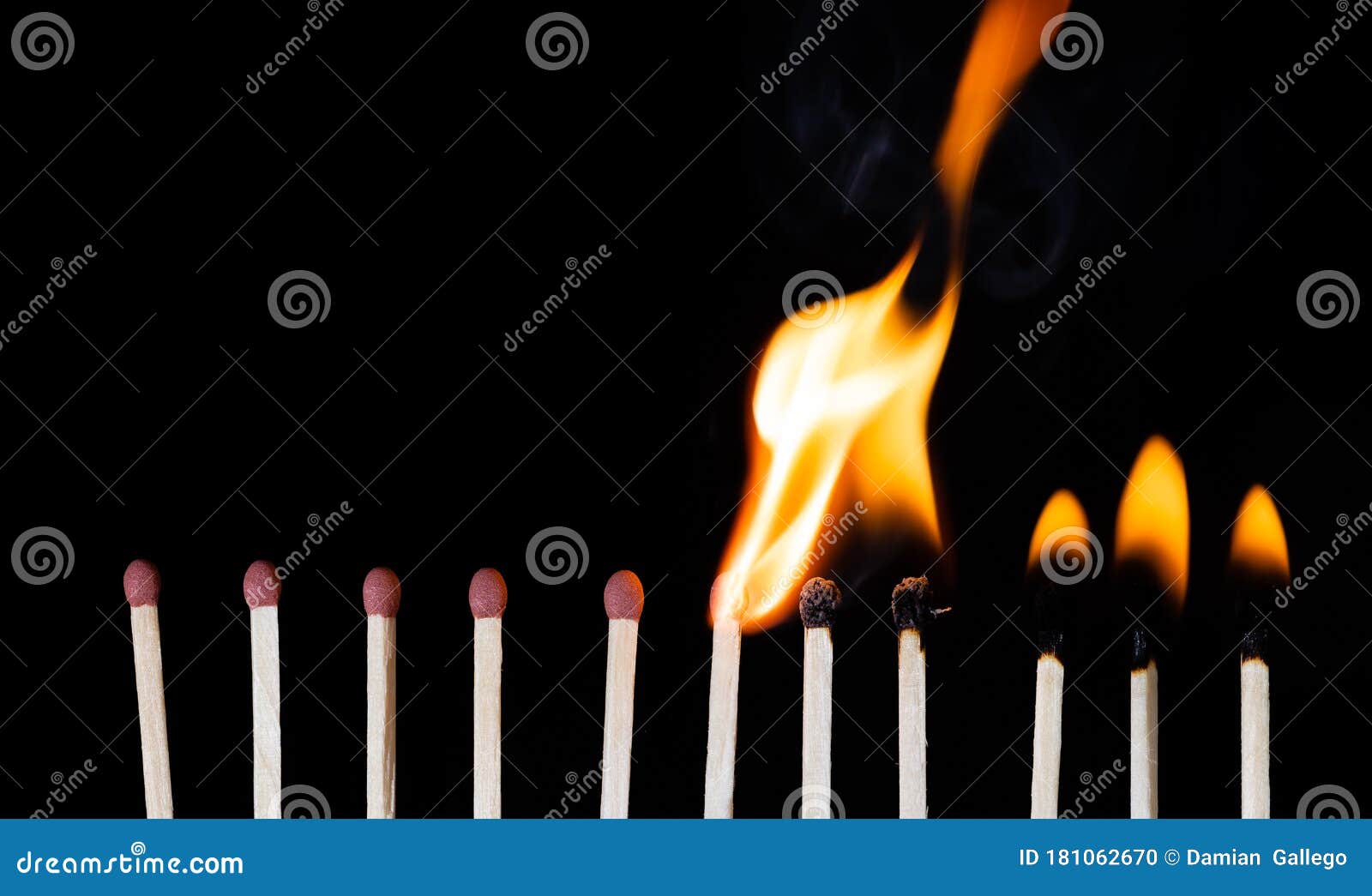 Group of Matches Lit in Row Burning in Chain Reaction with Black ...