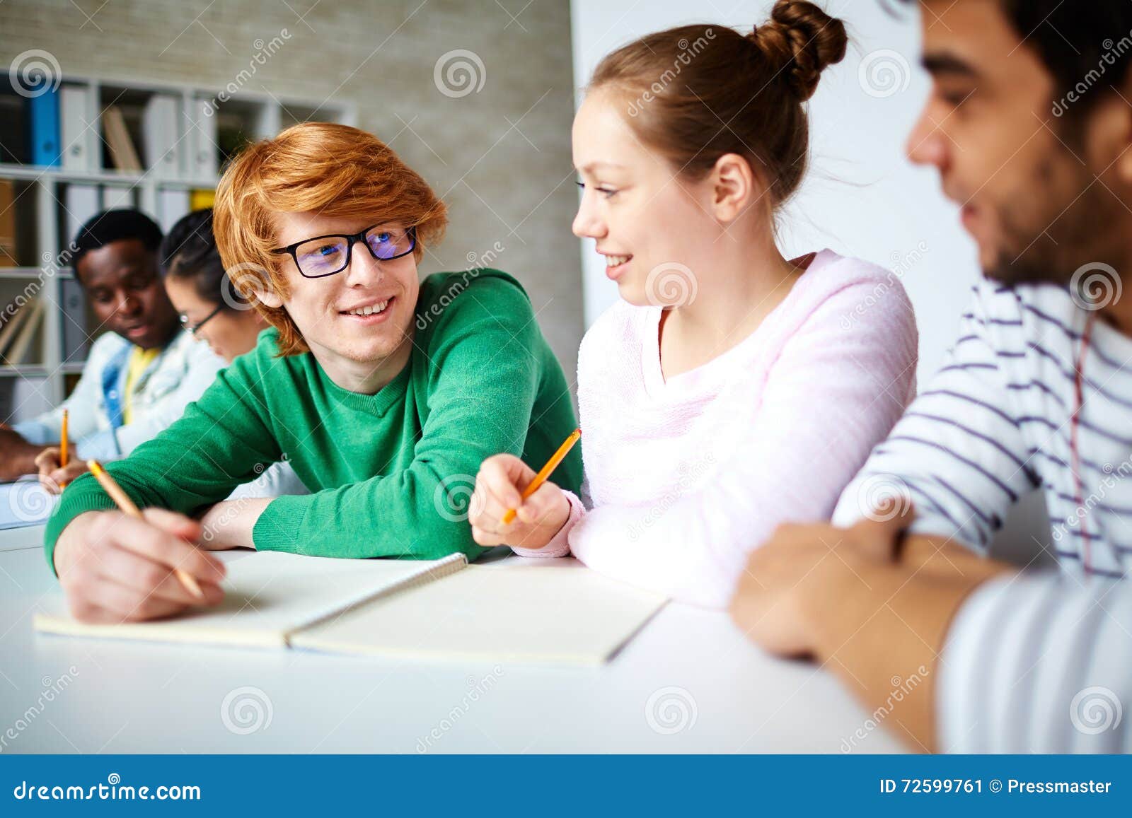 Group-mates talking stock image. Image of lesson, eyeglasses - 72599761