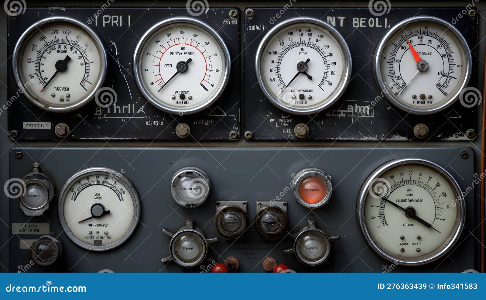 A Group of Mechanical Gauges and Dials on a Control Panel Created with ...