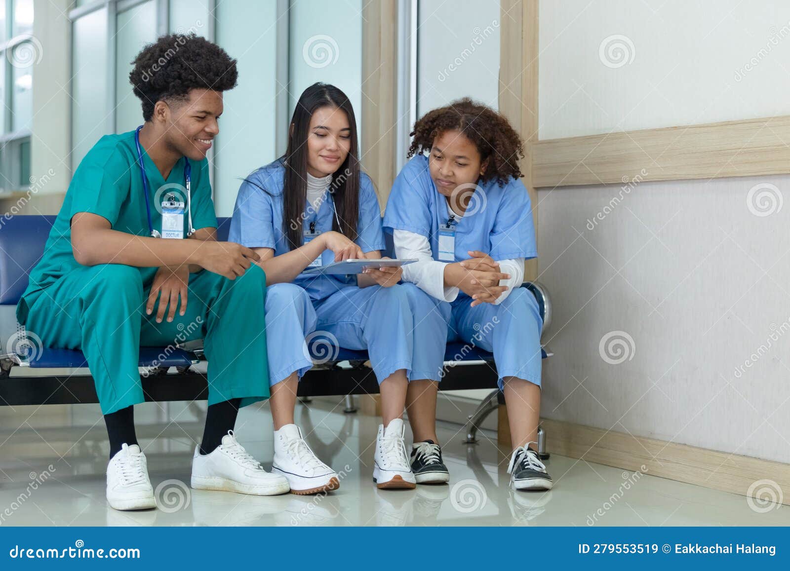 Group of Medical Student Sitting Front Classroom Using Tablet Searching ...