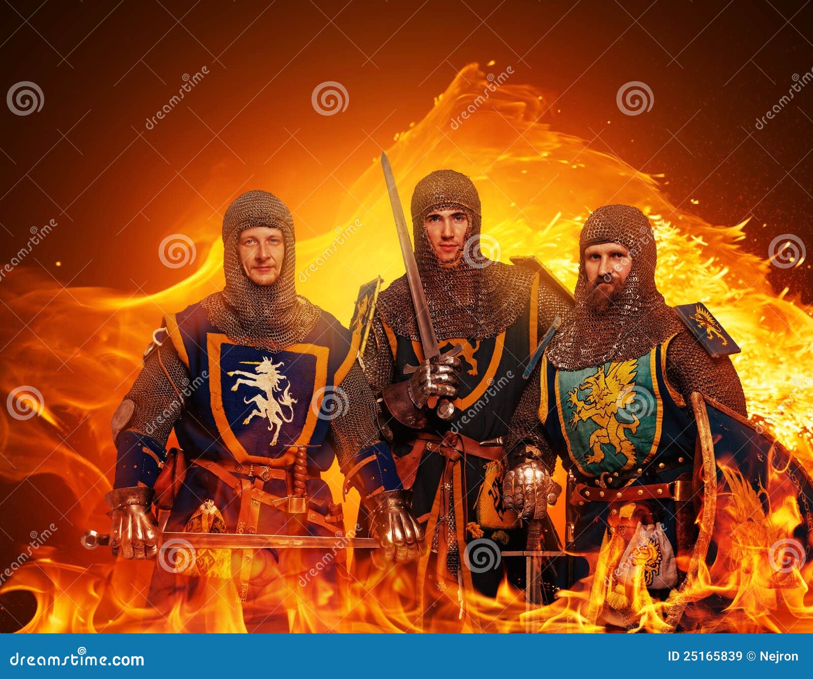 Group of Medieval Knights in Flame Stock Image - Image of arms, armored ...