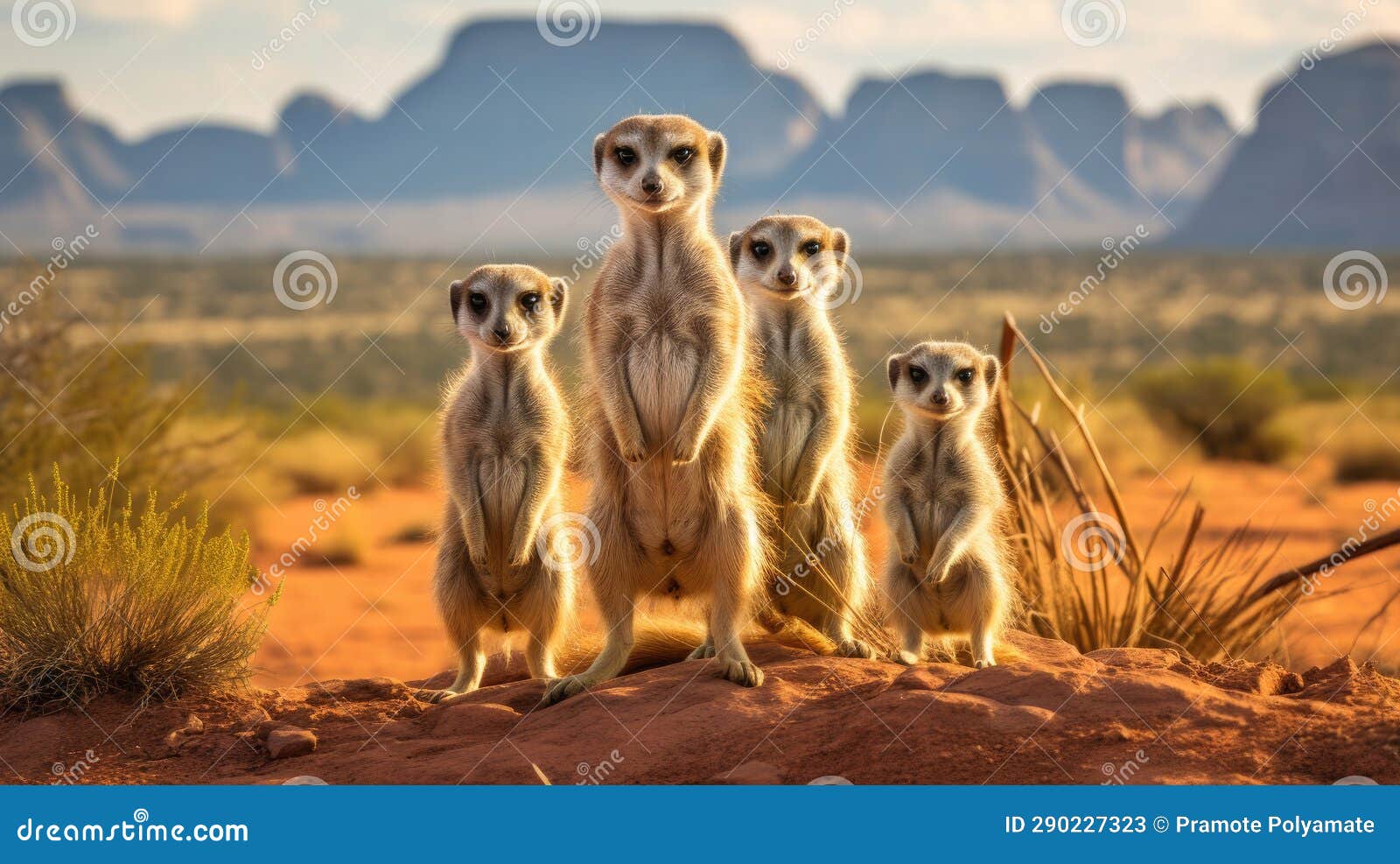 Group of Meerkats Standing with a Desert Landscape and Distant ...