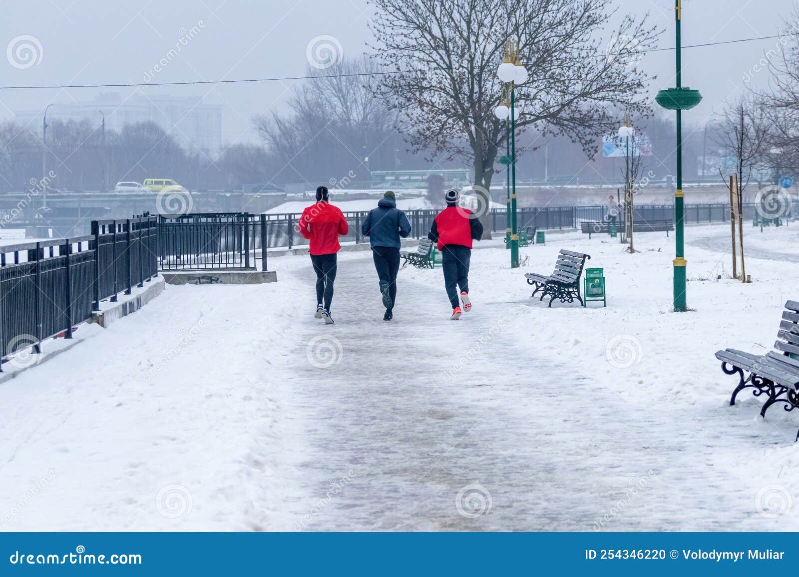 A Group of Men, Athletes, Goes for a Morning Run in a Winter Park Stock ...