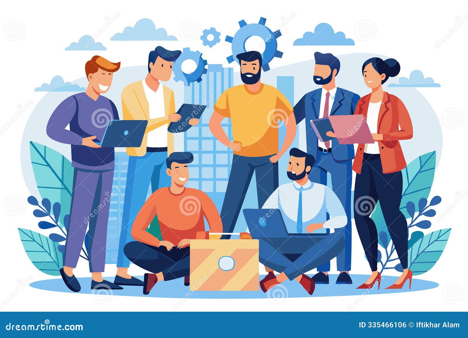 A Group of Men Engages in Teamwork while Using Laptops and Tablets in a ...