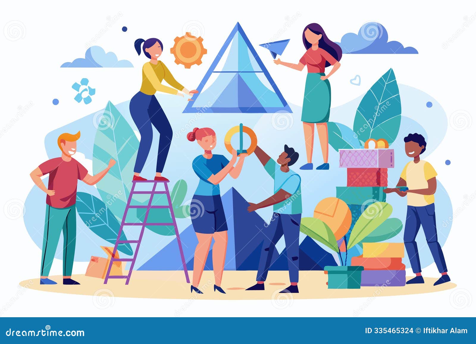 A Group of Men and Girls Work Together To Construct a Triangle Using ...