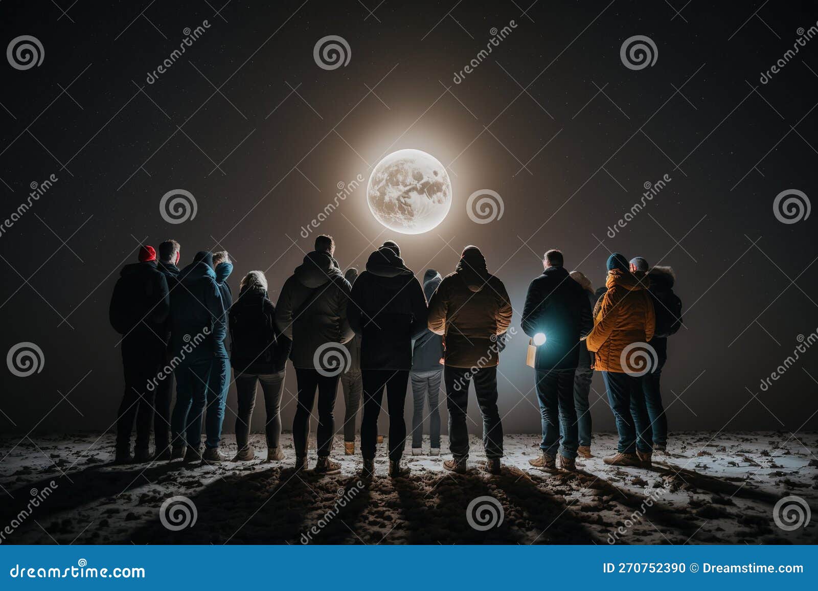A Group of Men Stand in the Darkness, Illuminated by a Full Moon on a ...
