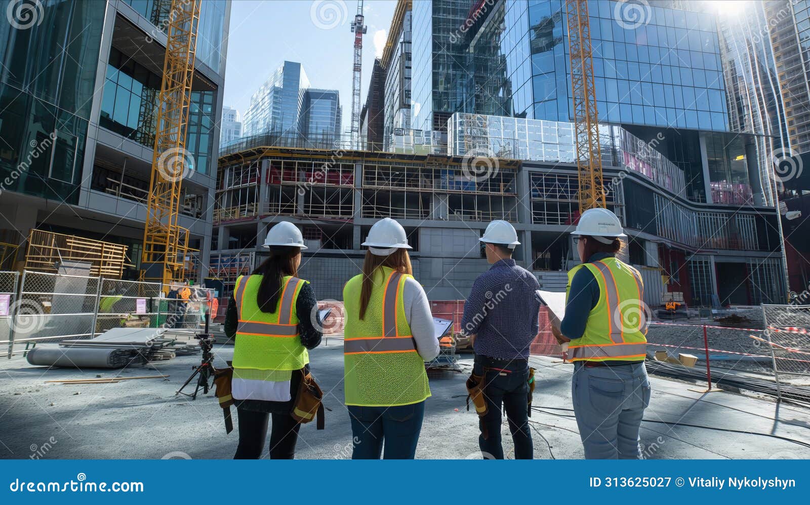 Group of Men Standing in Front of Tall Building Stock Illustration ...