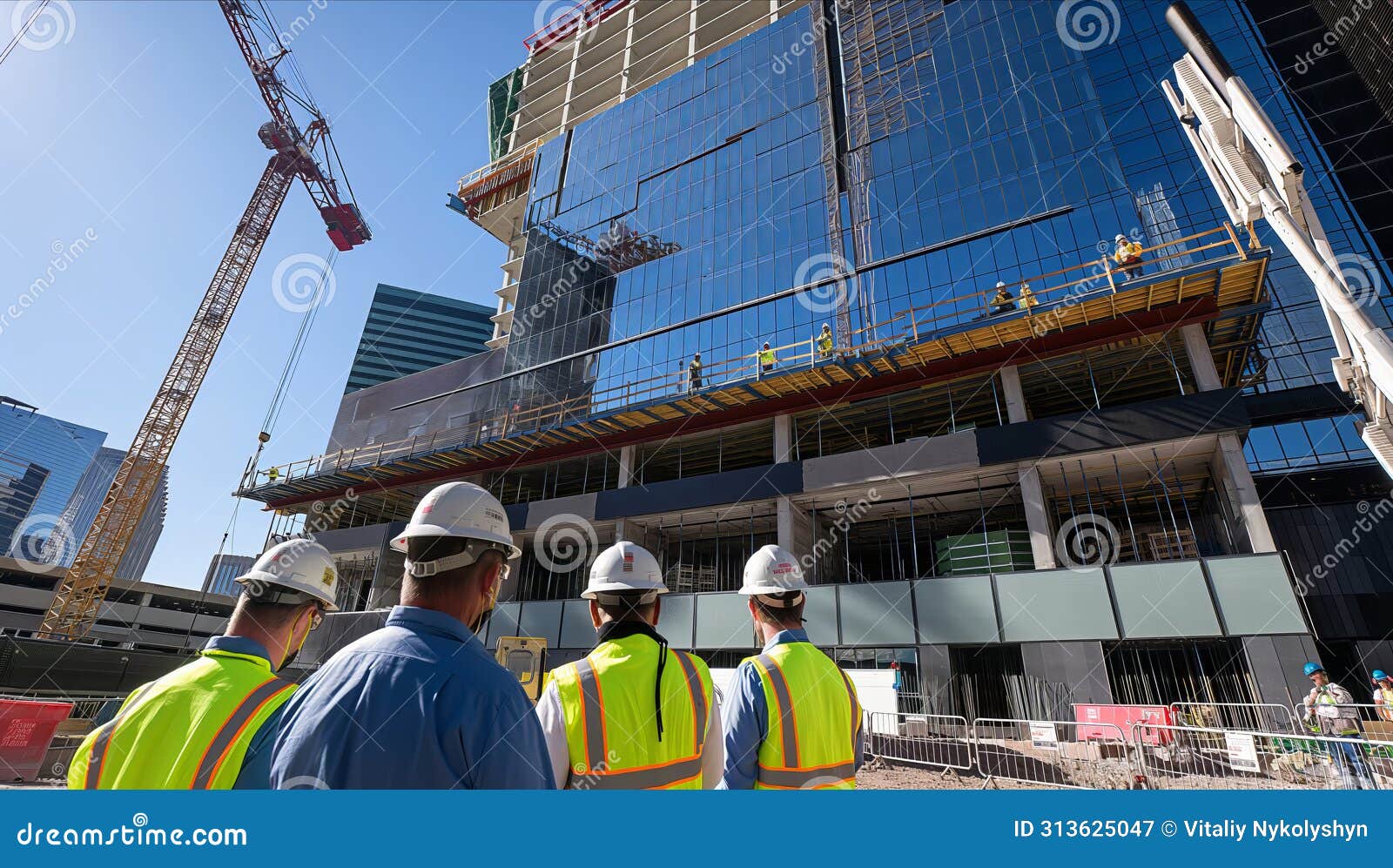 Group of Men Standing in Front of Tall Building Stock Illustration ...