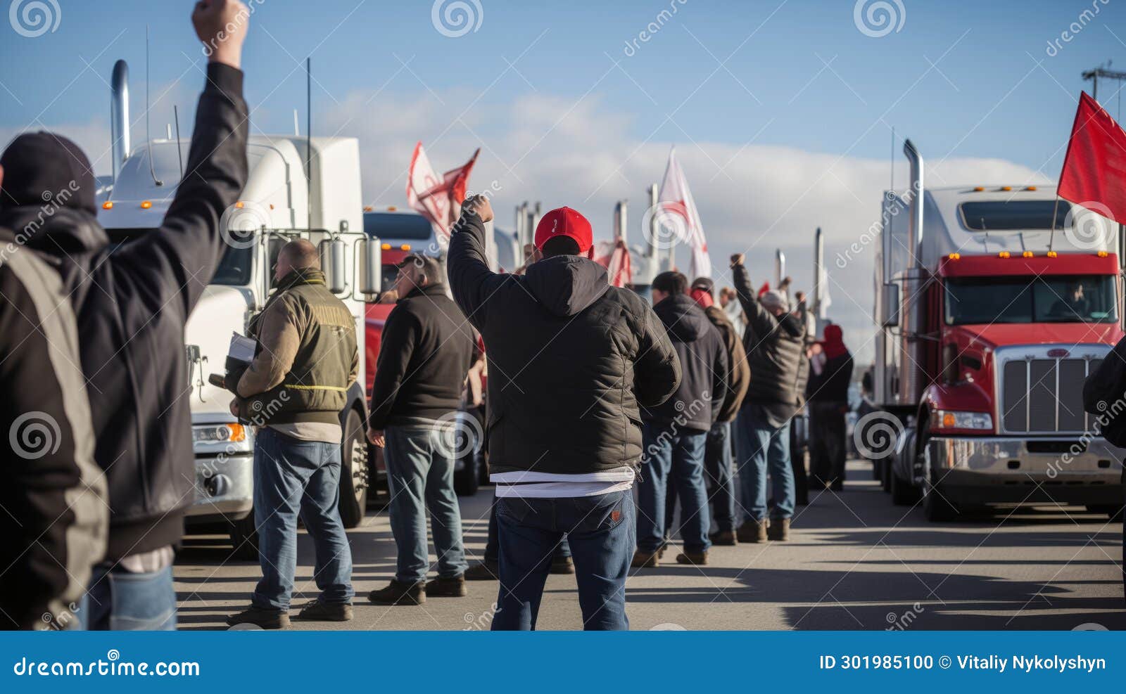 A Group of Men Standing in Front of Trucks Stock Photo - Image of ...