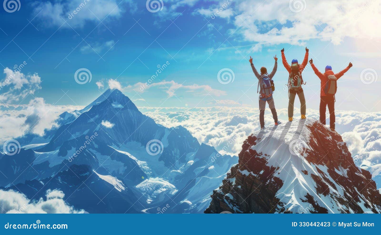 Group of Men Standing on Mountain Top Celebrating Success Stock ...