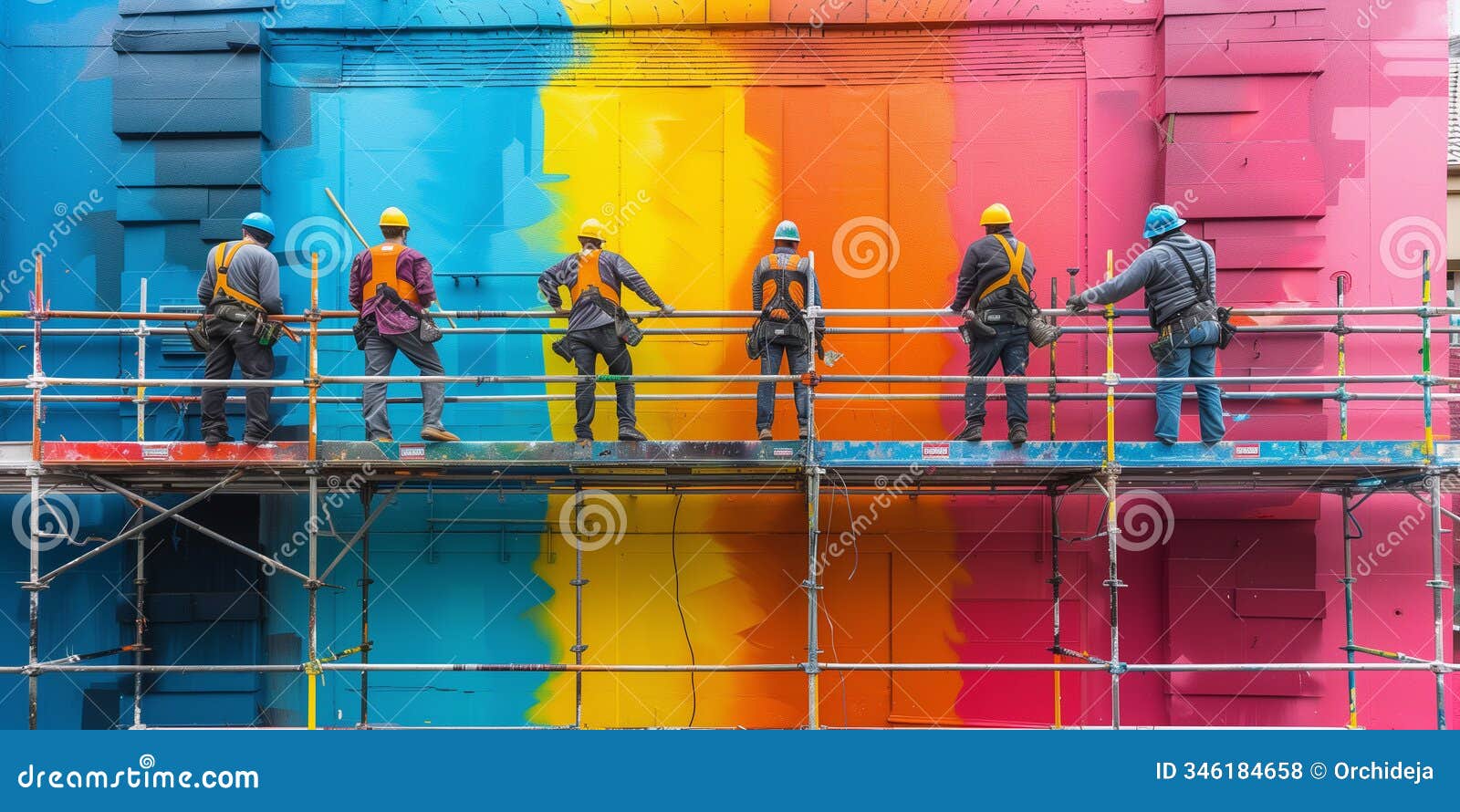 Group of Men Standing on Scaffold, Working on Building Facade Stock ...