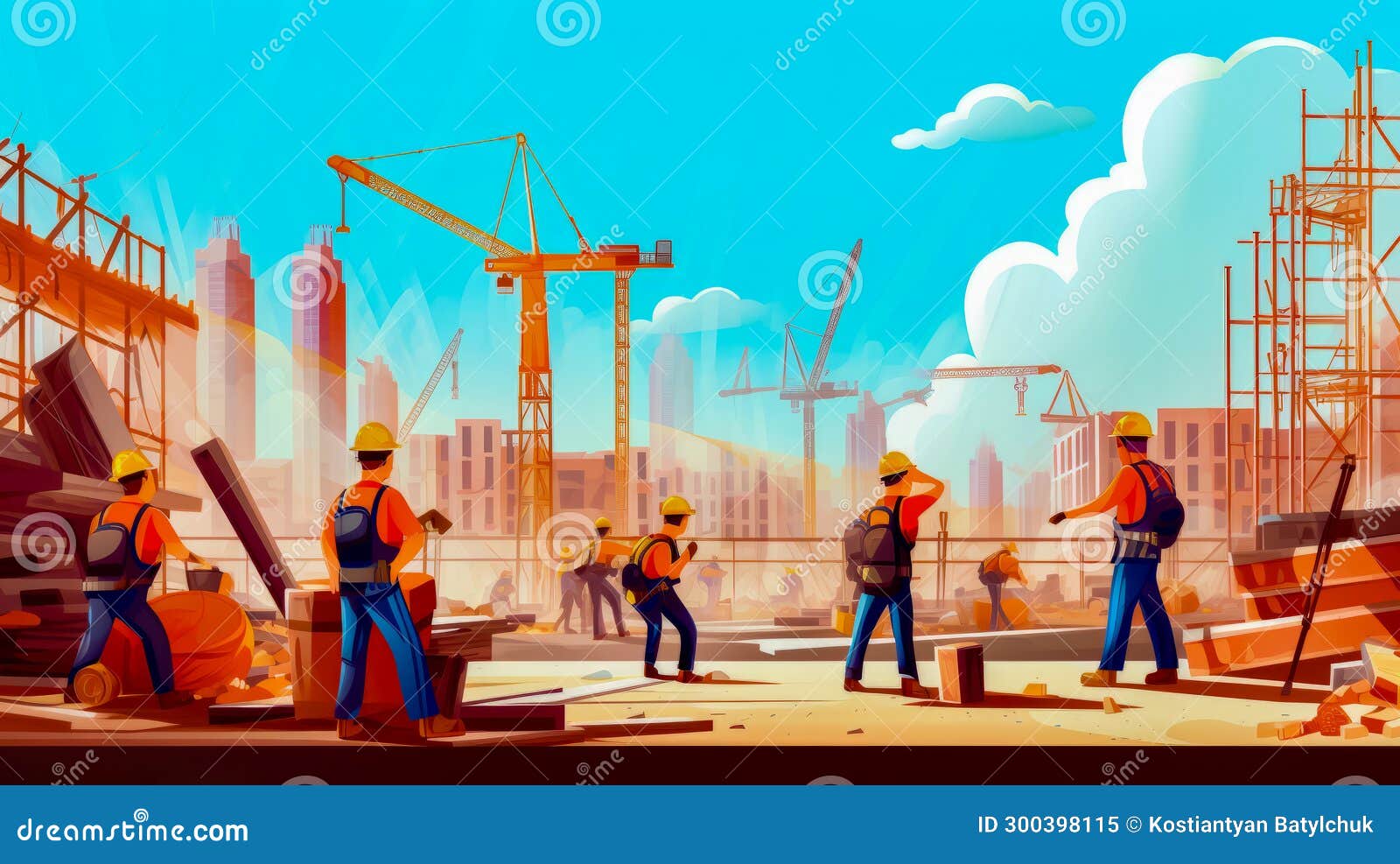 Group of Men Working on Construction Site with Crane in the Background ...