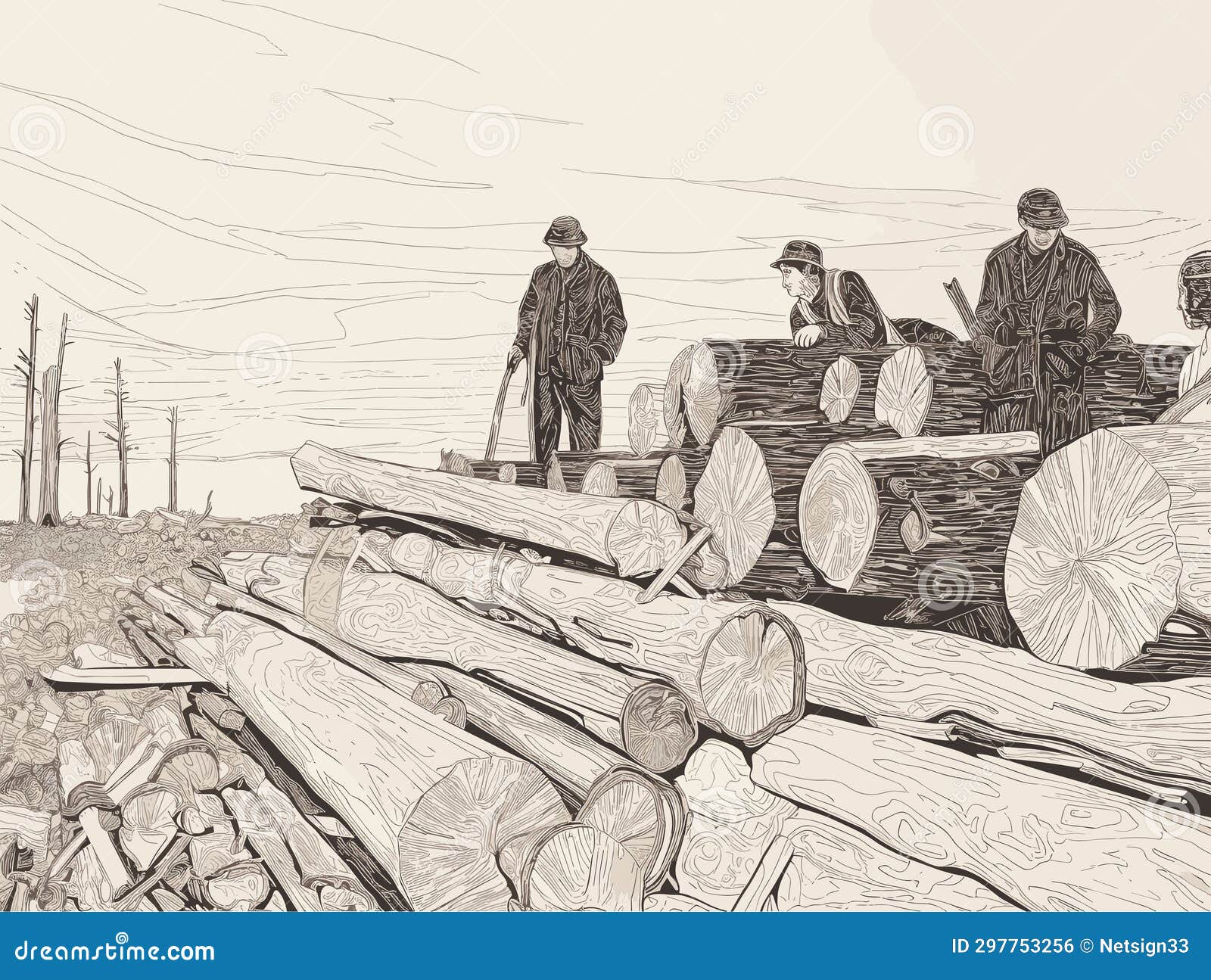 A Group of Men Working on a Pile of Logs - Medeival Timber Poachers ...