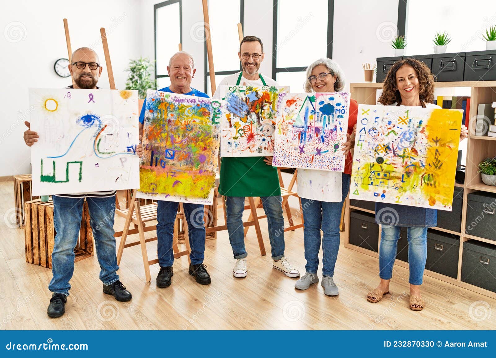 Group of Middle Age Draw Students Smiling Happy Holding Drawing Canvas ...