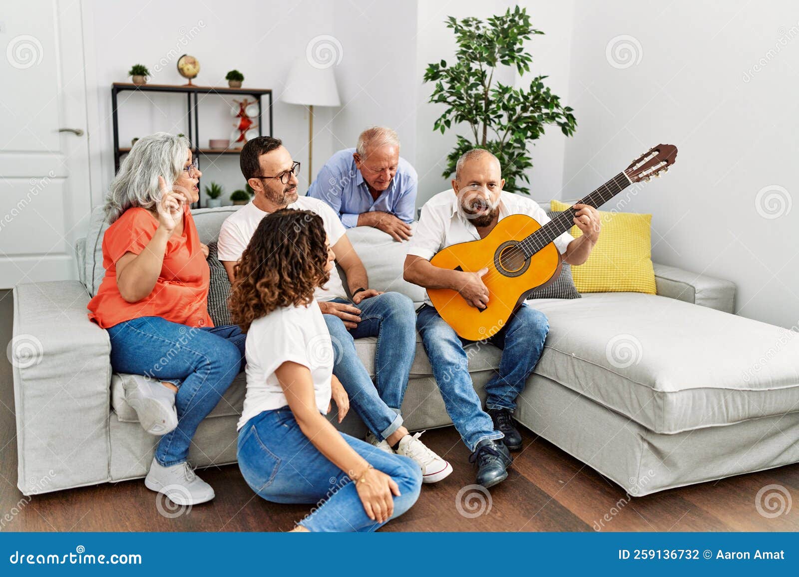Group of Middle Age Friends Having Party Playing Classical Guitar ...