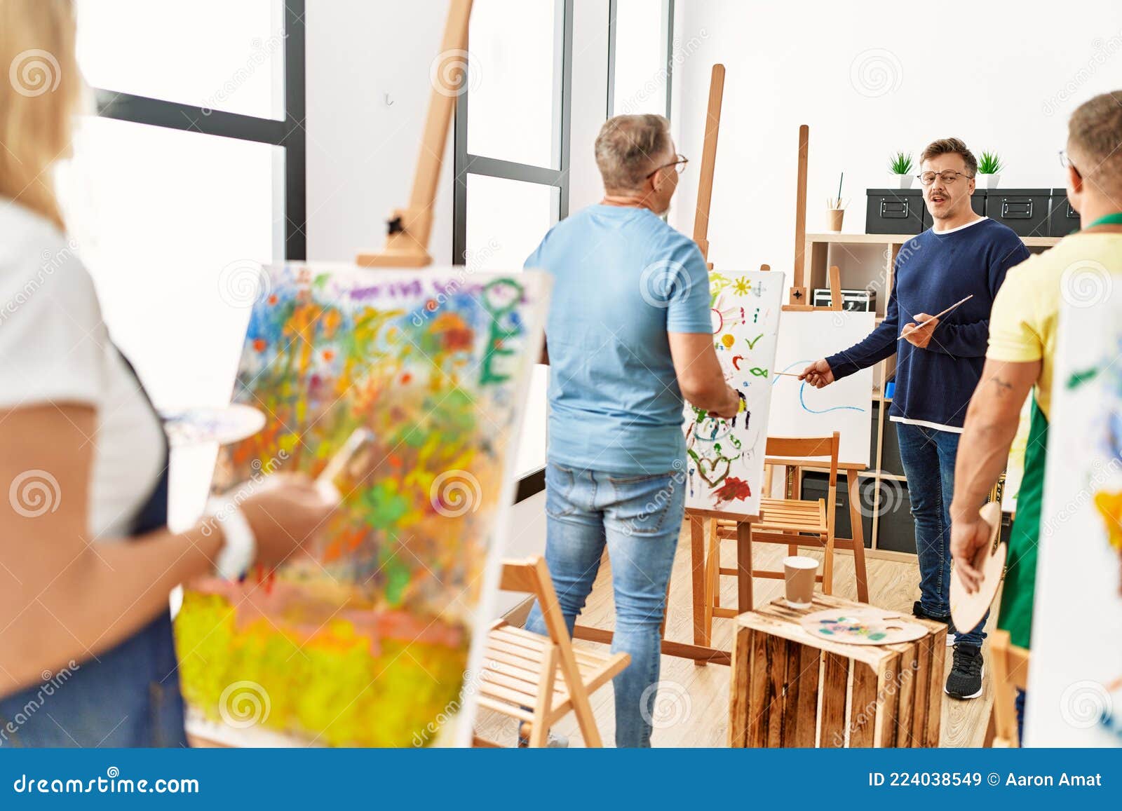 Group of Middle Age Paint Students Having Art Class at Drawing Studio ...