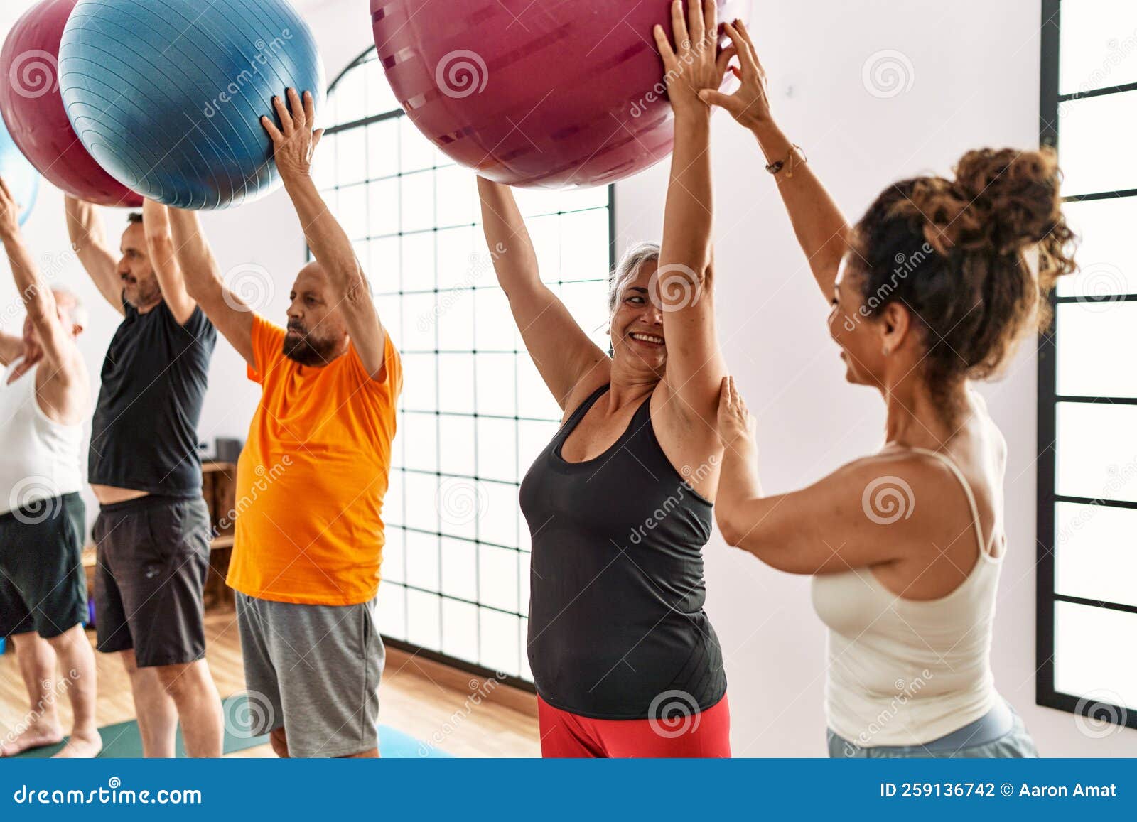 Group of Middle Age People Training Using Fit Ball with Personal ...