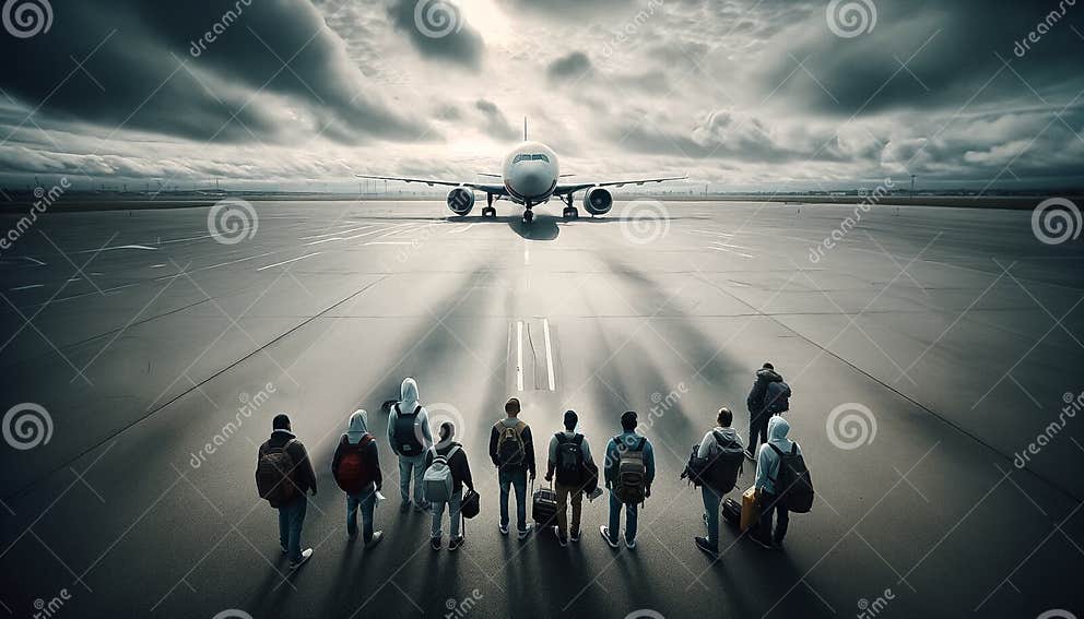 A Group of Migrants Facing an Airplane, Symbolizing Global Migration ...