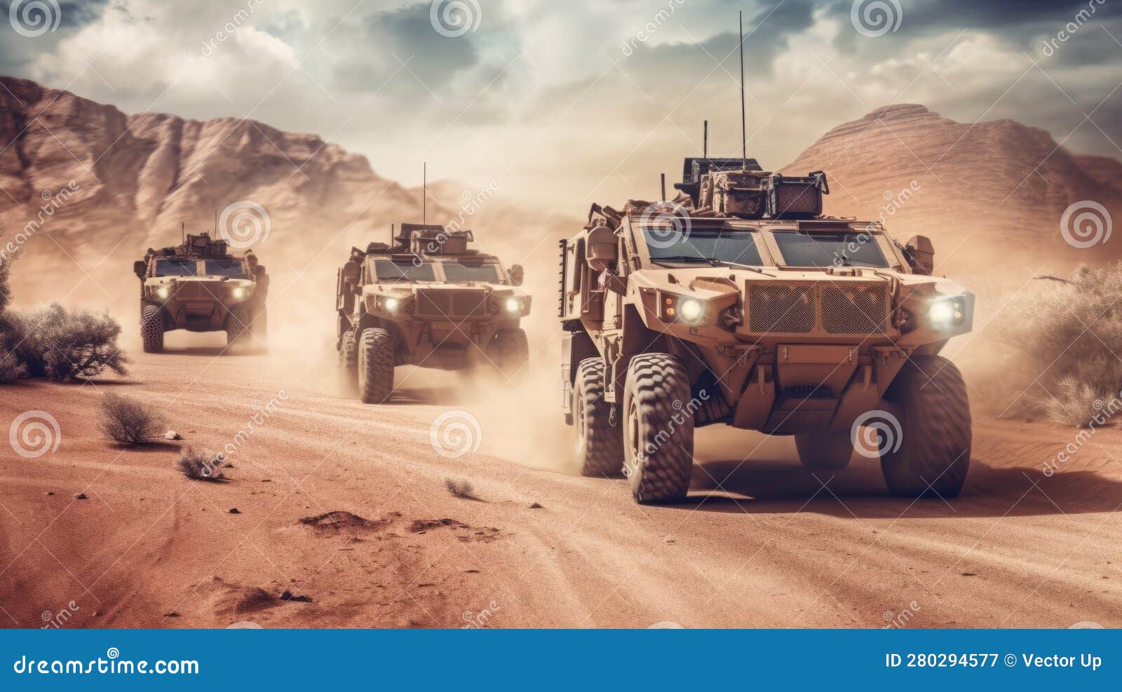 A Group of Military Vehicles Drive Down a Dusty Road. Generative AI ...