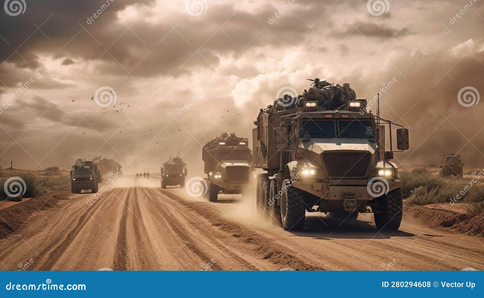 A Group of Military Vehicles Drive Down a Dusty Road. Generative AI ...