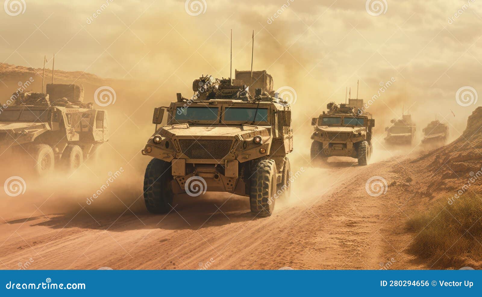 A Group of Military Vehicles Drive Down a Dusty Road. Generative AI ...