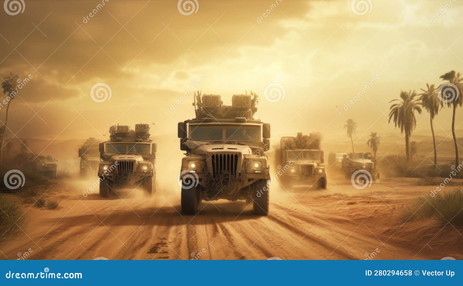 A Group of Military Vehicles Drive Down a Dusty Road. Generative AI ...
