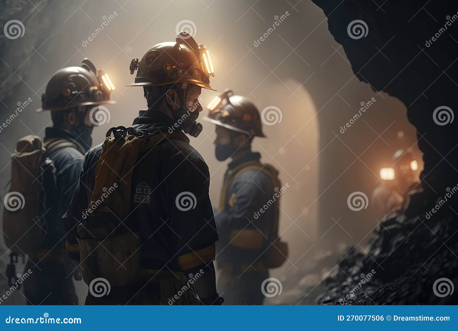 Group of Mine Workers Wearing Hardhats and Helmets Standing in a Mine ...