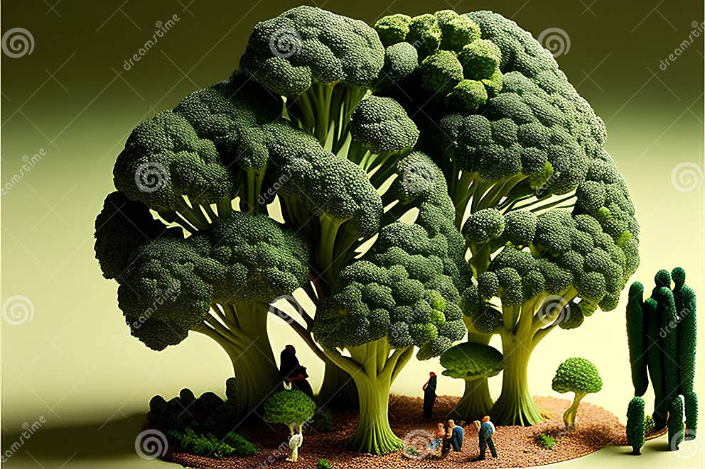 Group of Miniature People and Broccoli Tree. 3d Render Illustration ...
