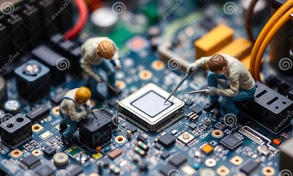 A Group of Miniature Technician Figurines Meticulously Working on a ...