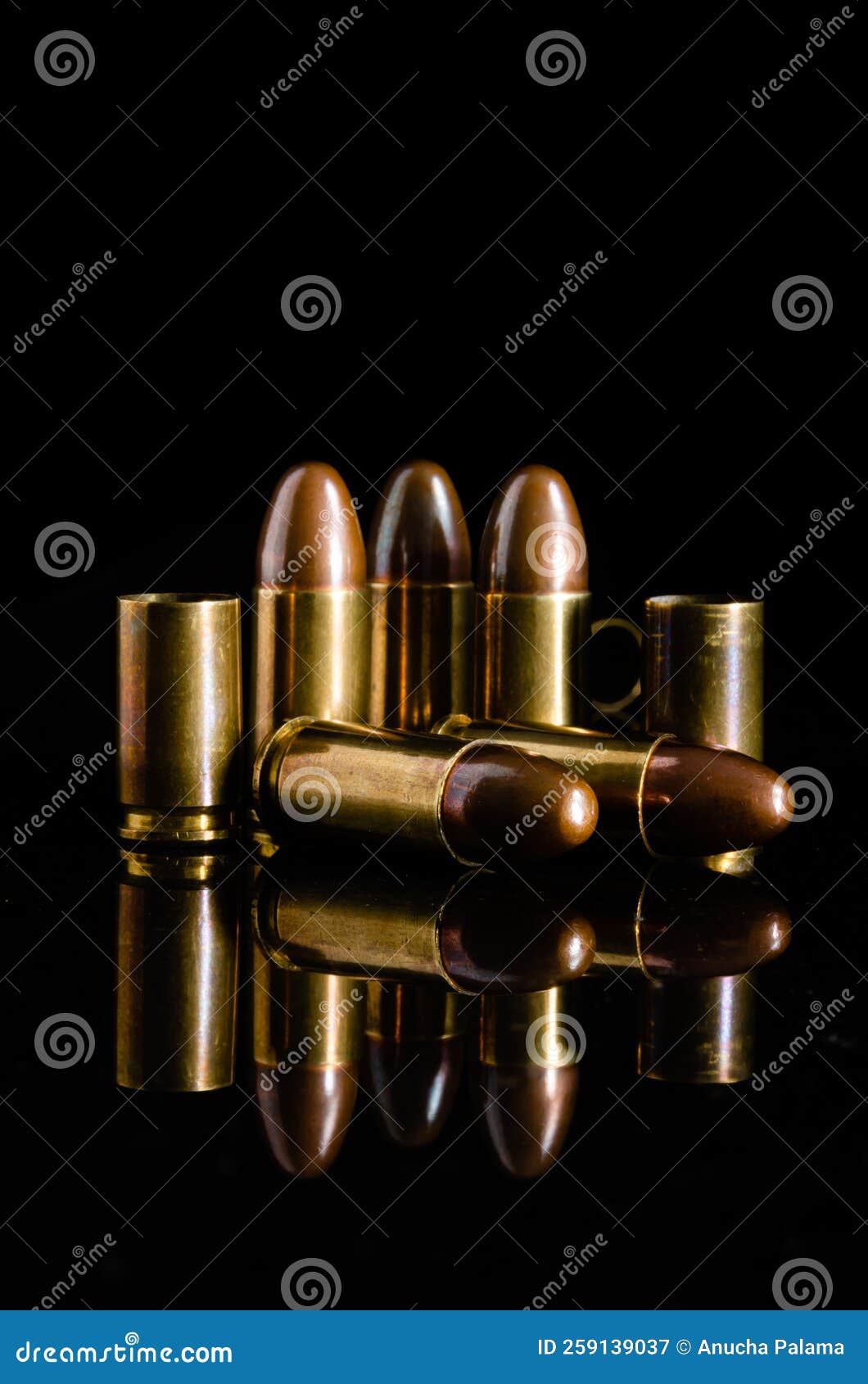 Group 9mm Bullet for a Gun and Reflection Isolated on a Black ...