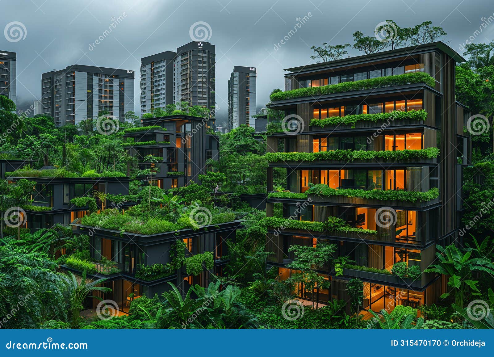 A Group of Modern High Buildings with Plants Growing on Their Wooden ...