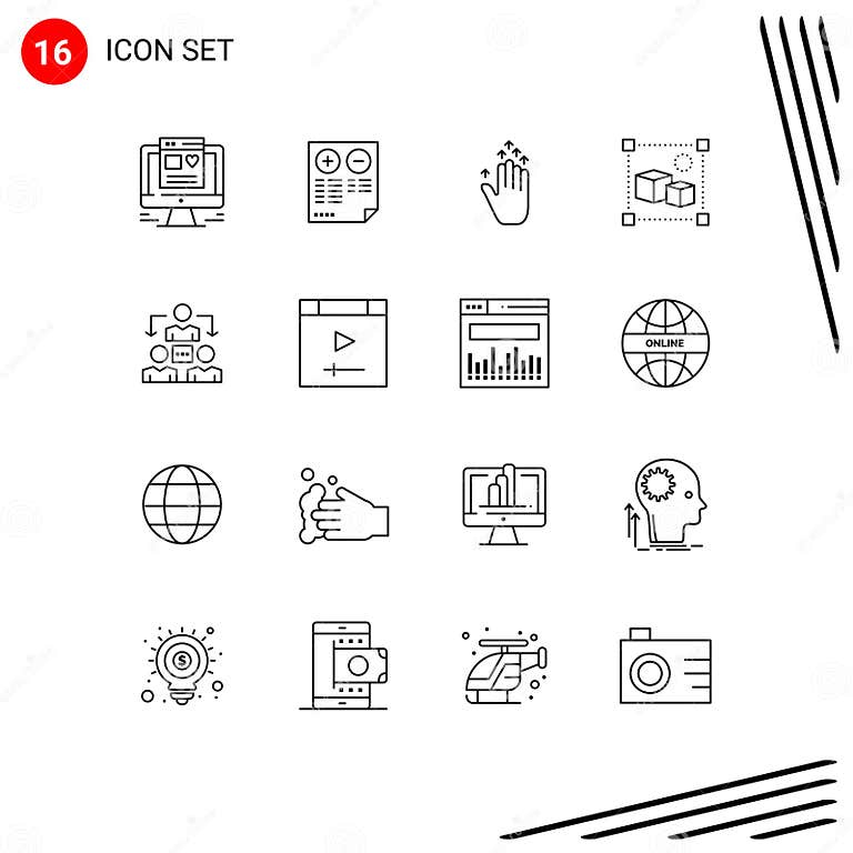 Group of 16 Modern Outlines Set for Office, Connection, Gesture, Box, File Stock Vector ...