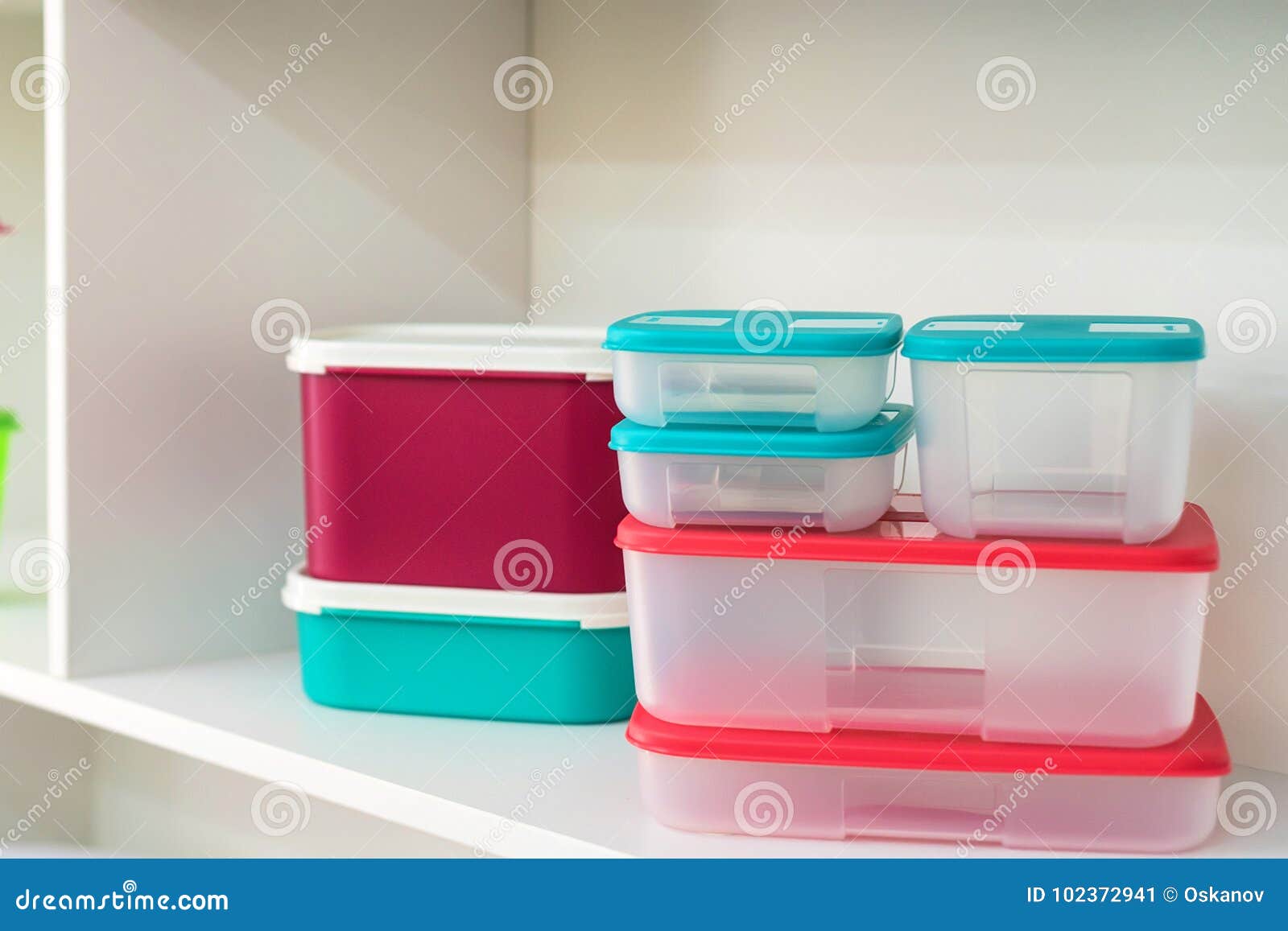 Group of Modern Plastic Food Containers on Shelf Stock Image - Image of ...