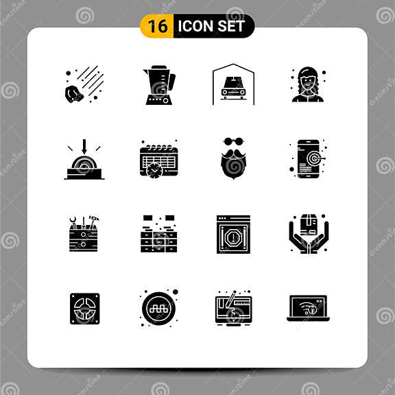 Group of 16 Modern Solid Glyphs Set for Technology, Download, Van, Business, Female Web ...