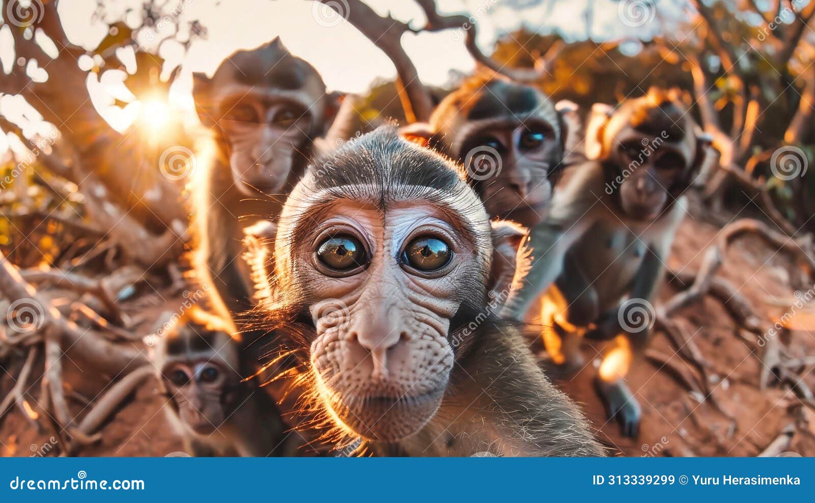 A Group of Monkeys Standing Next To Each Other in Close Proximity Stock ...