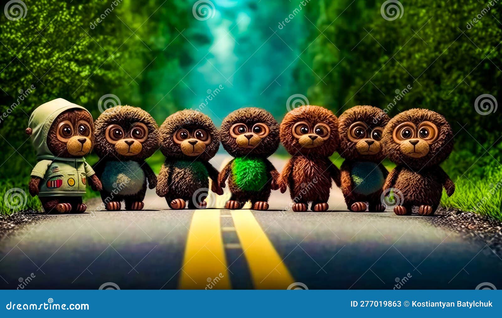 Group of Monkeys Standing on the Side of Road with Trees in the ...