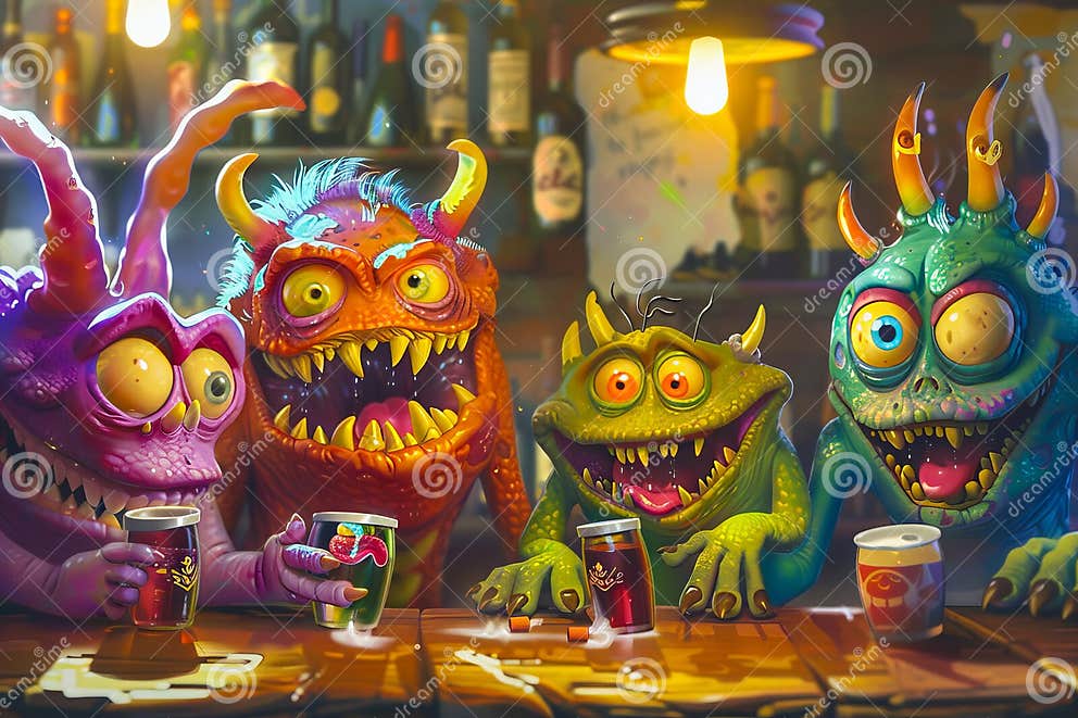 A Group of Monsters Sitting at a Bar with Drinks Stock Photo - Image of ...