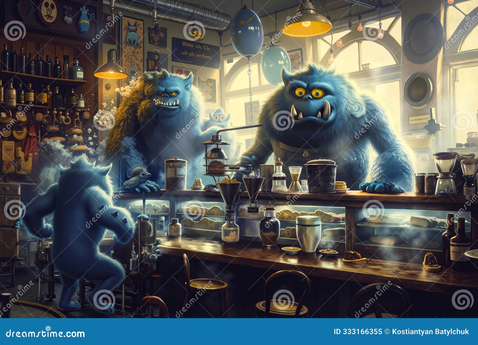 A Group of Monsters Sitting at a Bar in a Restaurant Stock Image ...