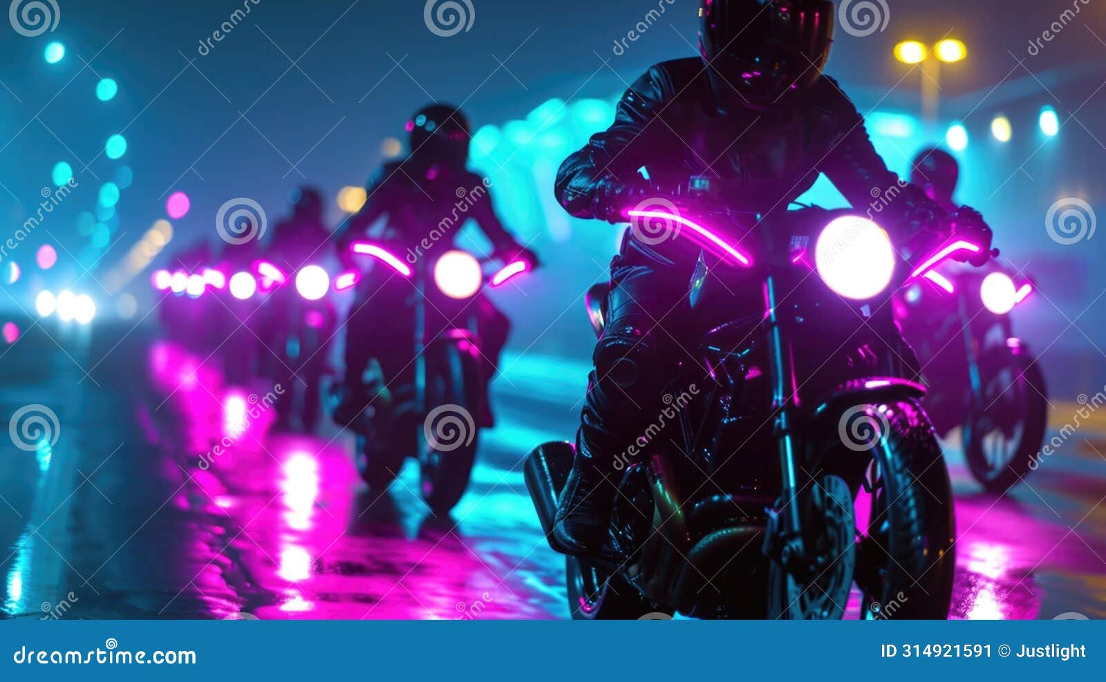 A Group of Motorcycle Riders with Neon Helmets and Lights Lining Their ...