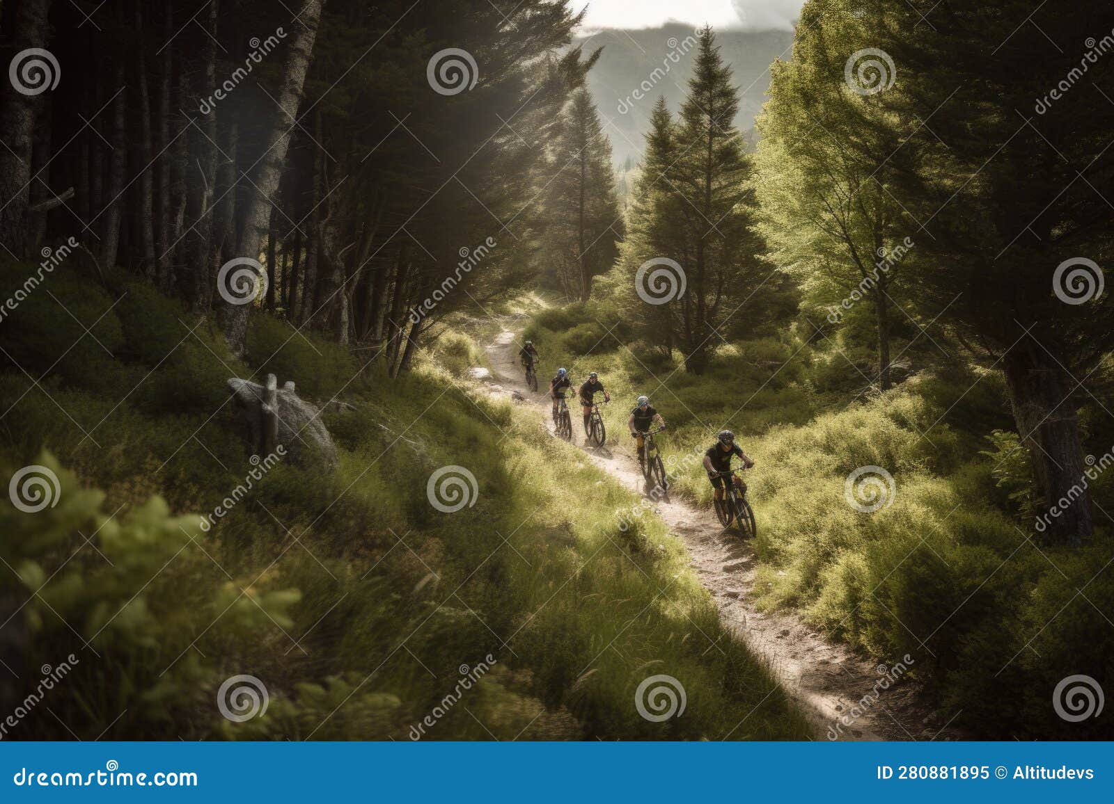 A Group of Mountain Bikers Riding Single File Down a Winding Trail ...