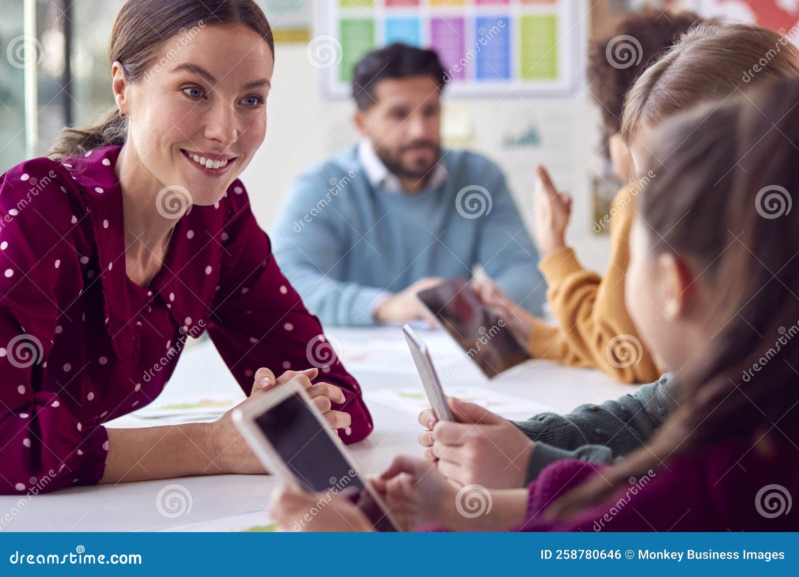 Group of Multi-Cultural Students with Teachers in Classroom Using ...