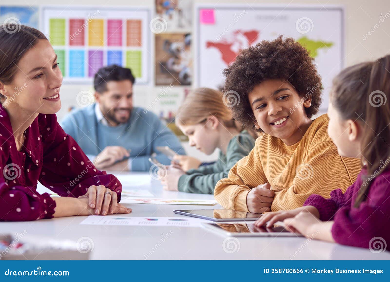 Group of Multi-Cultural Students with Teachers in Classroom Using ...