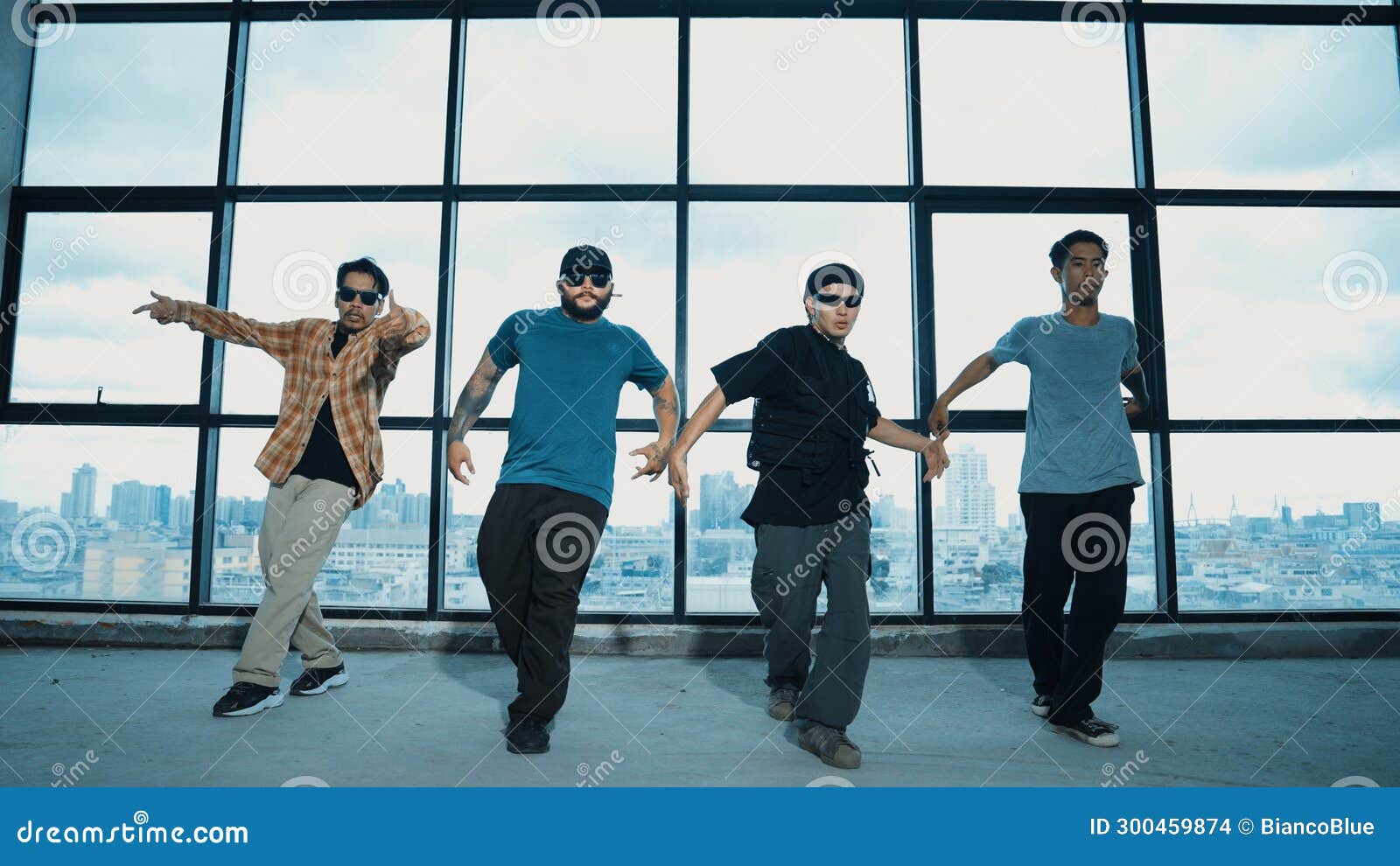 Group of Multicultural Break Dancer Dancing Together with Skyscraper ...