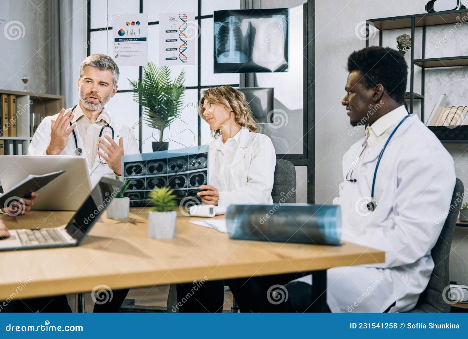 Multicultural Doctors Having Meeting about Patient Treatment Stock ...