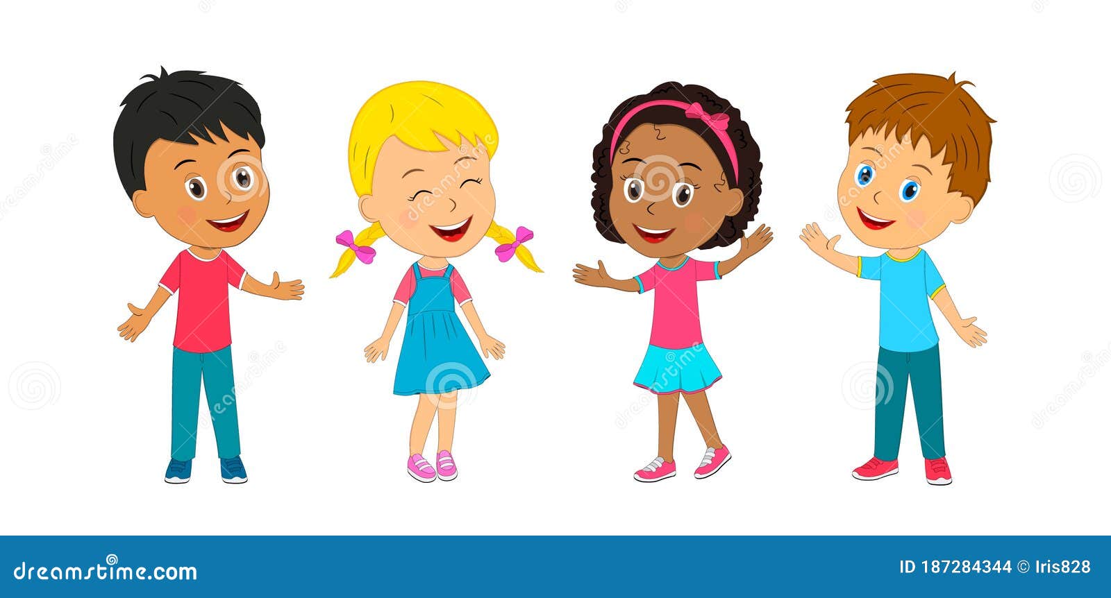 Group Of Multicultural Happy Kids Joyfully Jumping And Waving Hands On ...